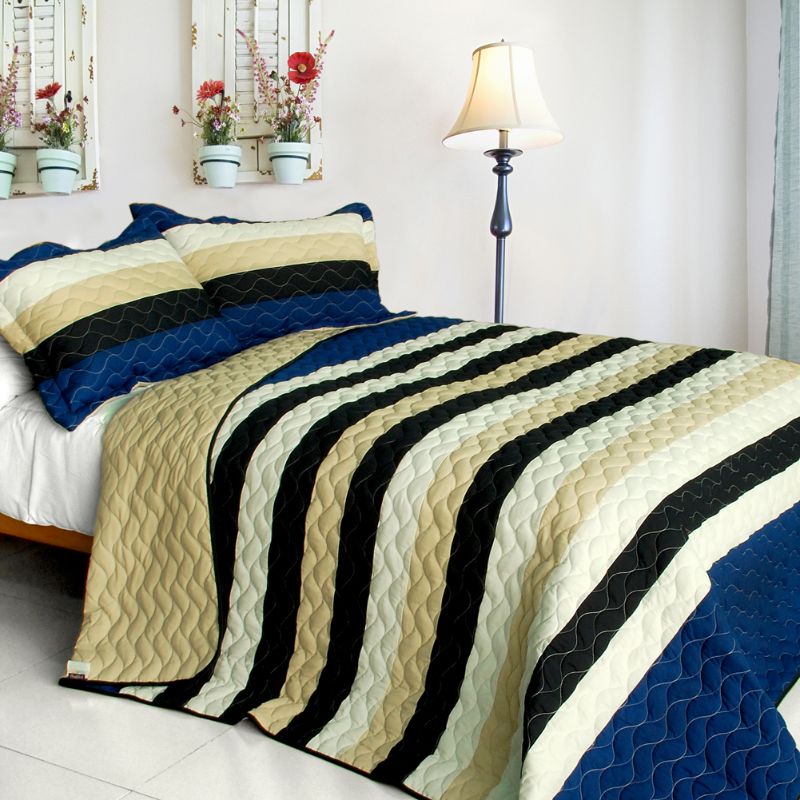 3-Piece Handmade Full/Queen Quilt Set, Reversible, Horizontal Stripes ...