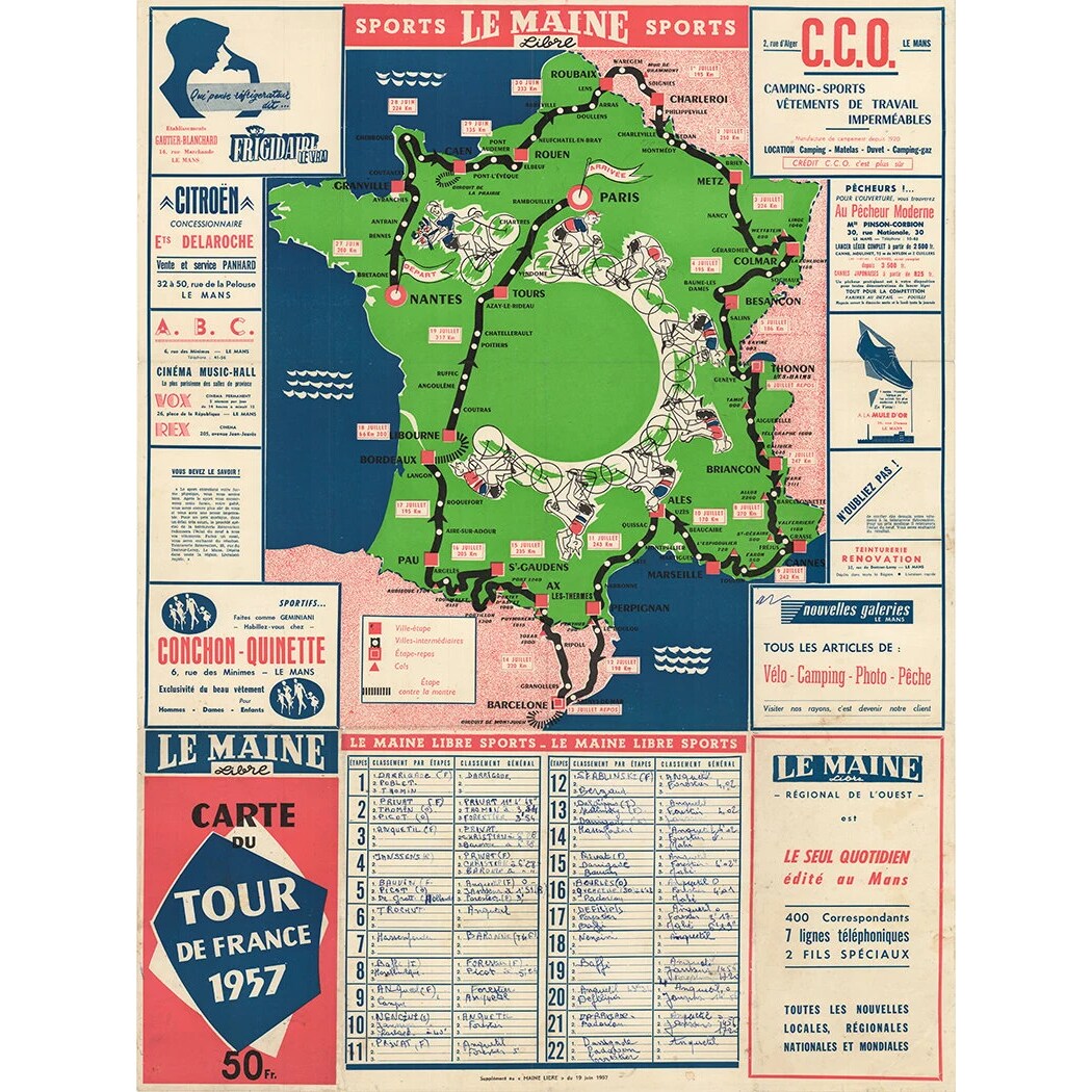 1957 Tour de France Route Map - Vintage Tour de France Poster Prints ...