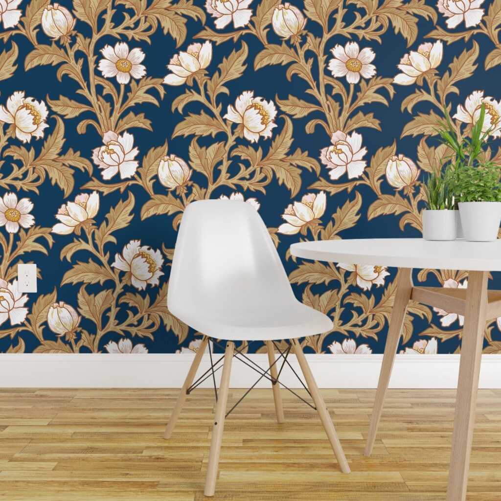 Pre-Pasted Wallpaper 2FT Wide Traditional Navy Floral Heritage Revival ...