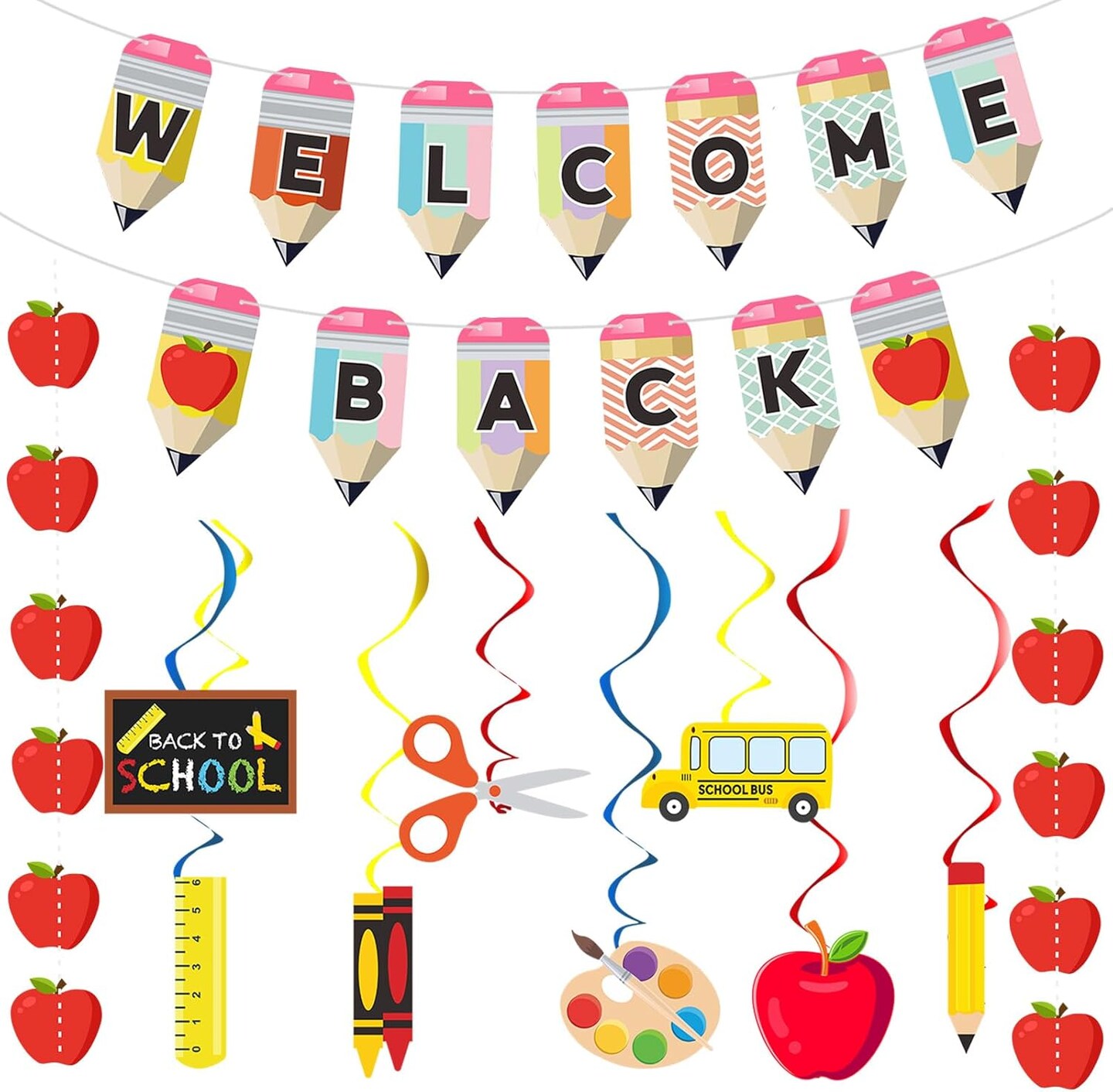 Welcome Back to School Banner Pencil Spiral Pendant School Decorations ...