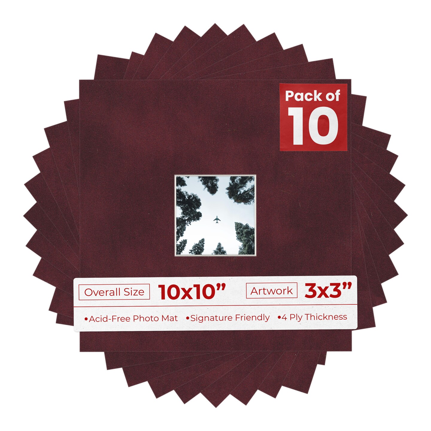 Dark Red Suede Mat Board for 10x10 Frames - Fits 3x3 Photos, Color: Red ...