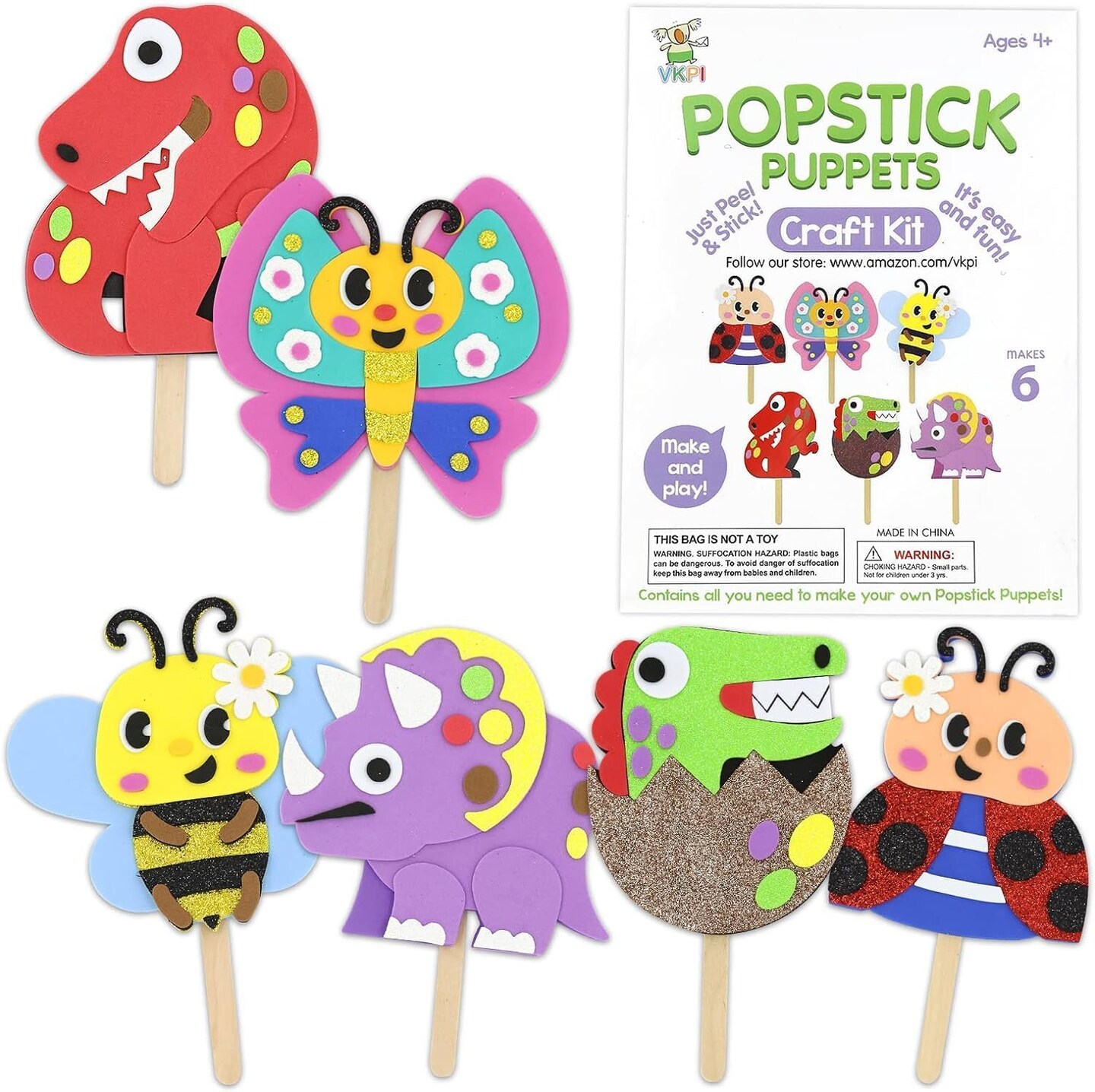 Make 6 Popstick Puppets Craft Kits for Kids, Foam Crafts, Story Time ...