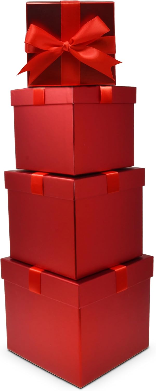 Red Foil with Ribbon Bow Xmas Stacked Gift Box with Lids in 4 Assorted ...
