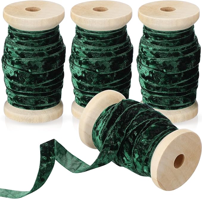 4 Roll 20 Yards Crushed Velvet Ribbon Christmas Vintage Wooden Spool ...
