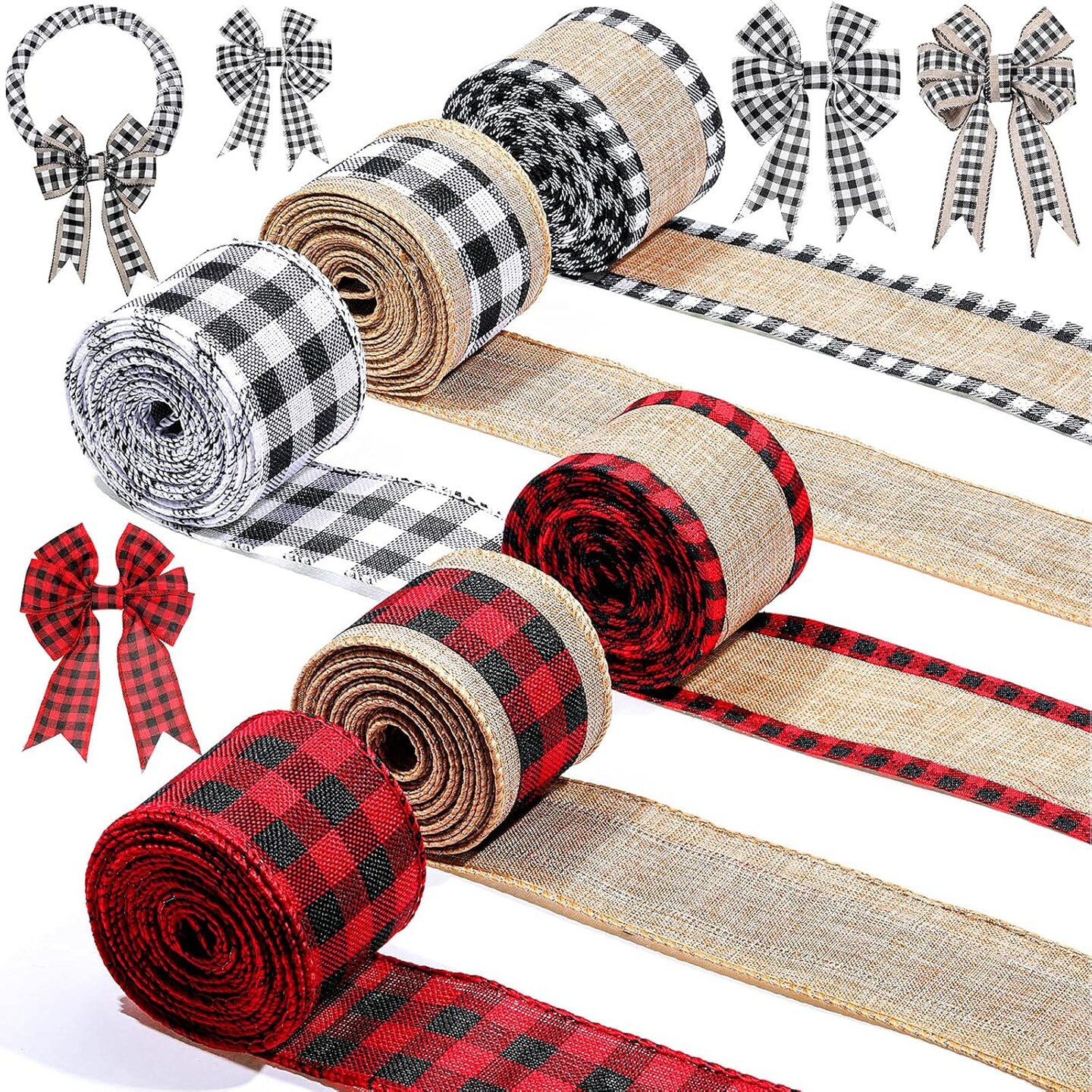 6 Rolls 30 Yards Christmas Burlap Fabric Craft Ribbon Christmas Buffalo ...