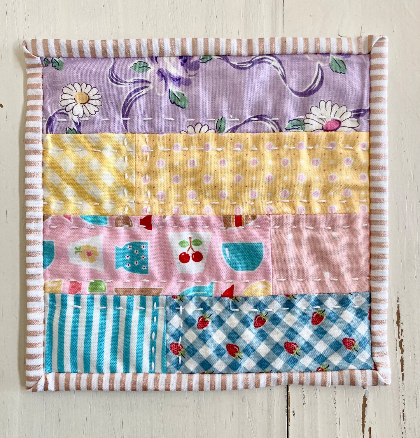 Scrappy Striped Handmade Mug Rug - Oversized Coaster - Hand Quilted ...