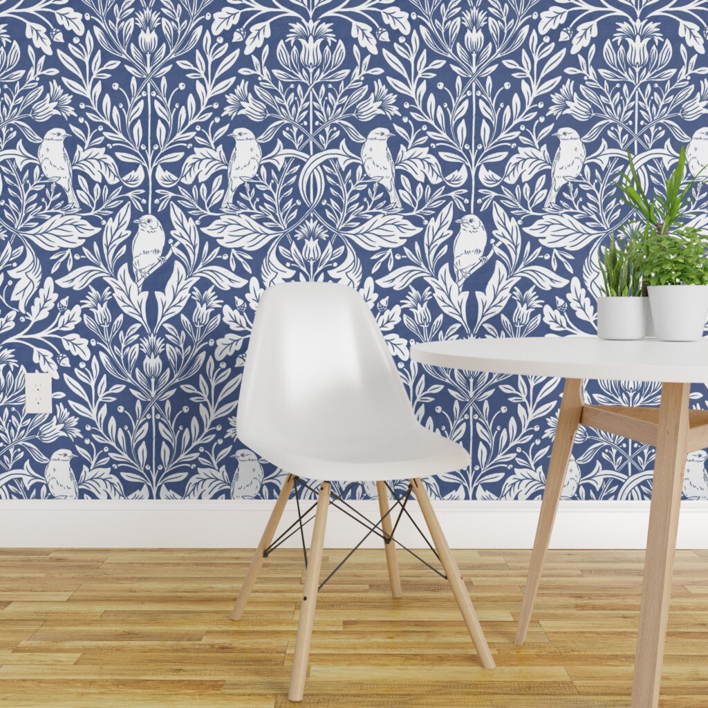 Pre-Pasted Wallpaper 2FT Wide Woodland Blue Birds Traditional Block ...