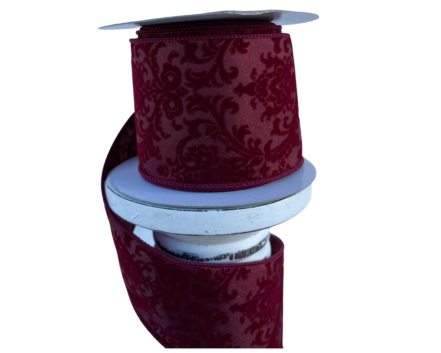 2.5"x10YD Flocked Damask Wired Ribbon - Timeless Elegance in Burgundy ...
