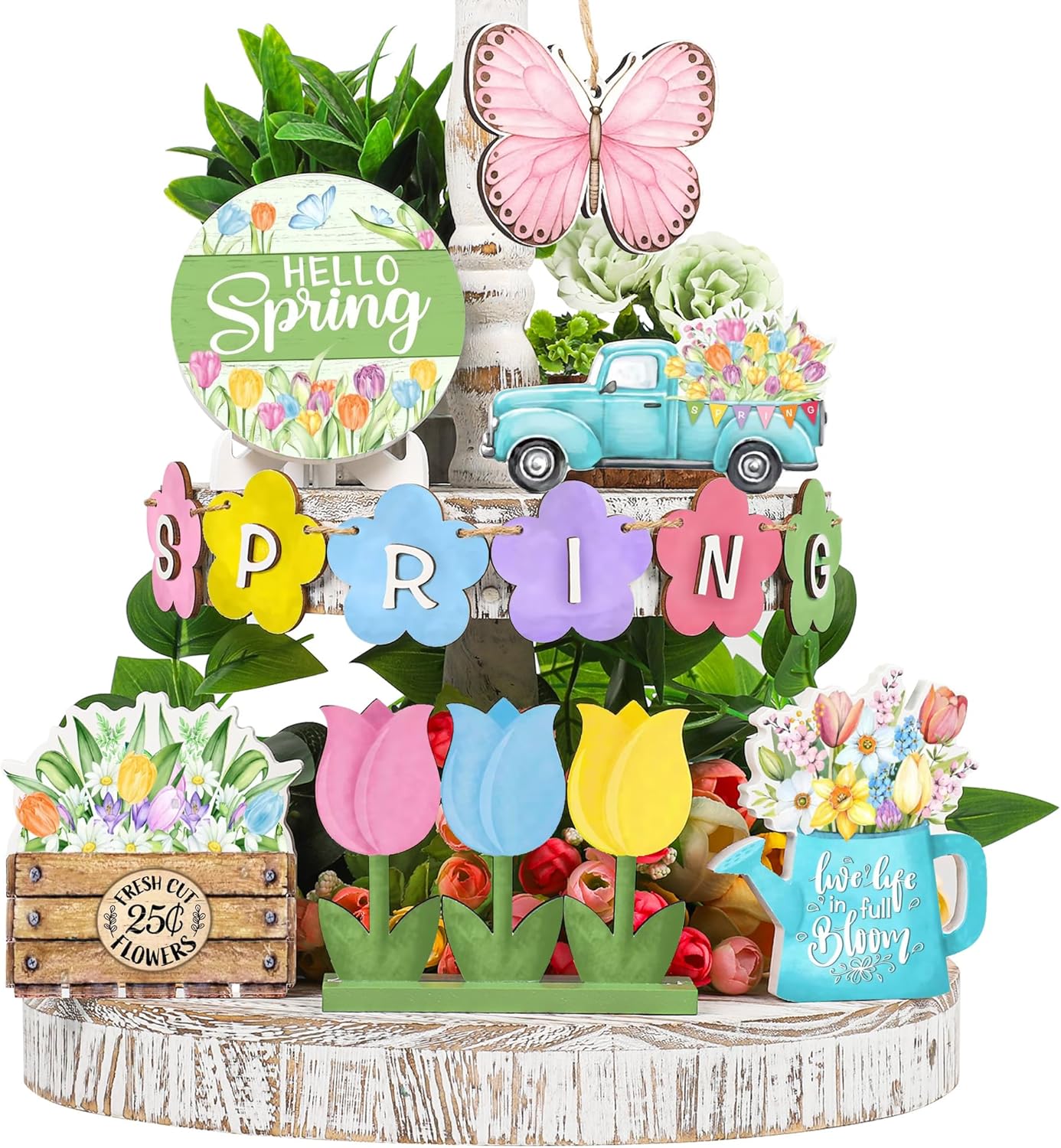 12 PCS Spring Tiered Tray Decor Hello Spring Wooden Tabletop Decor ...