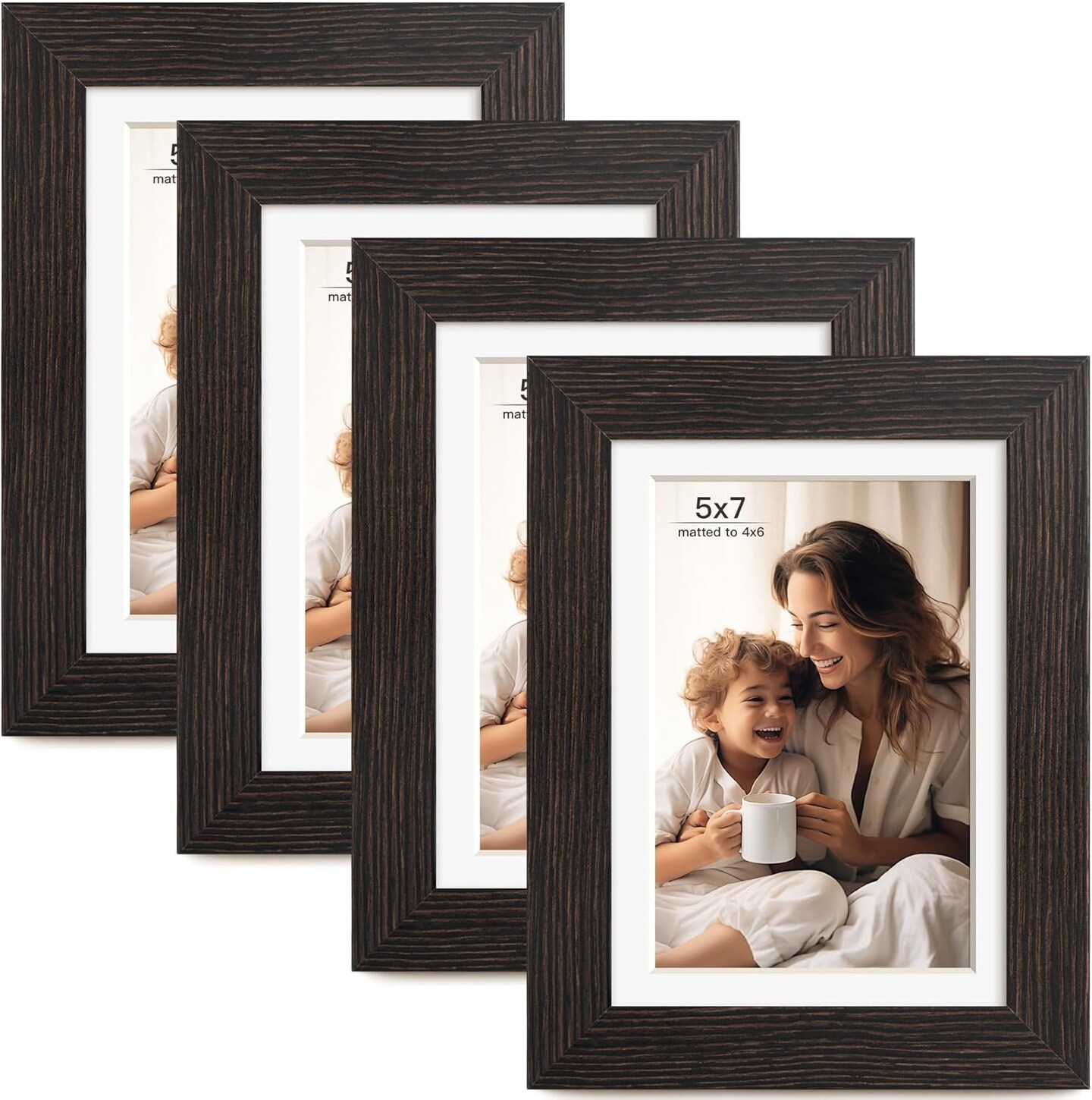 (4 Pack,Black) - 5x7 Picture Frame with Mat for 4x6, Black Wood Grain 5 ...