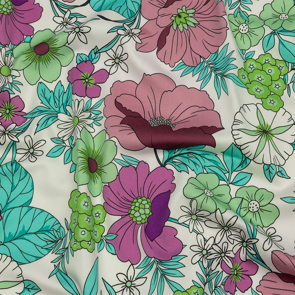 1 Yard Stretch Cotton Sateen Purple Springing Up Floral Print Fabric ...