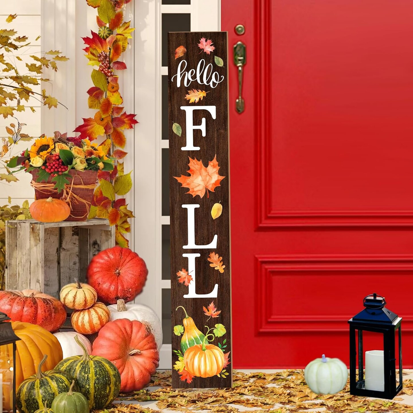 Hello Fall Welcome Sign – Rustic Wooden Porch Sign with Leaves, Front ...
