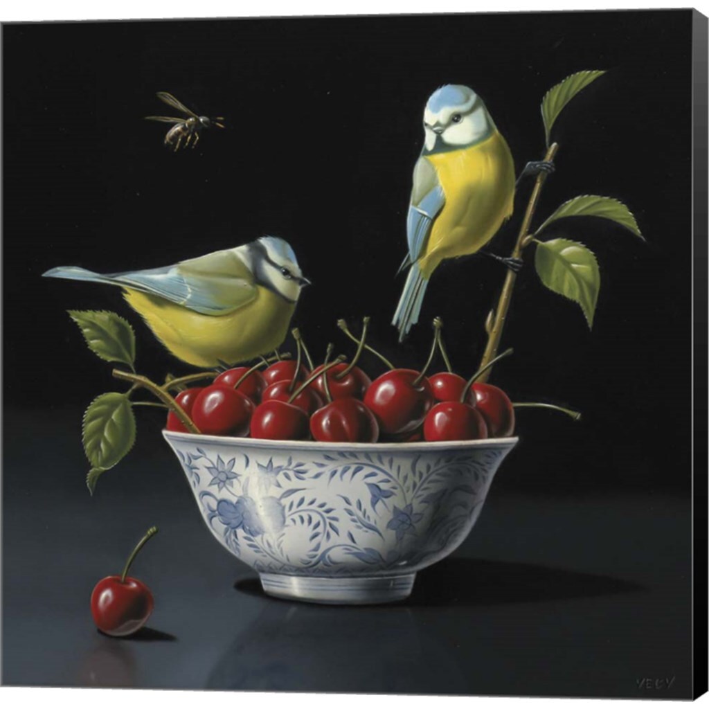 Birds And Cherries by Valery Vecu Quitard 12" x 12" Canvas Wall Art ...