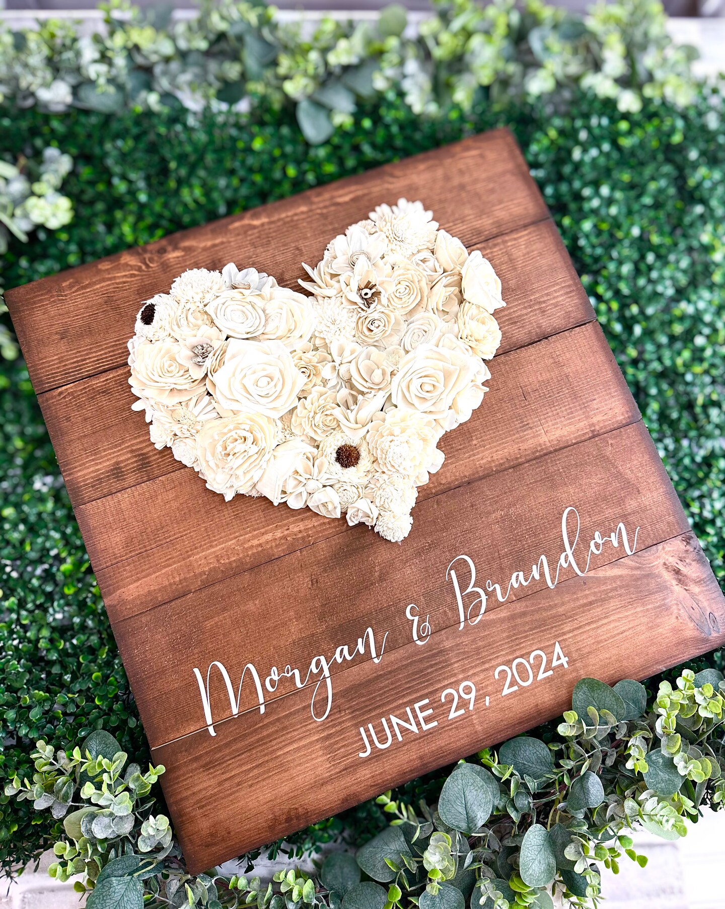 Wood Flower Heart Wedding Sign Square, Names and Wedding Date, Romantic ...