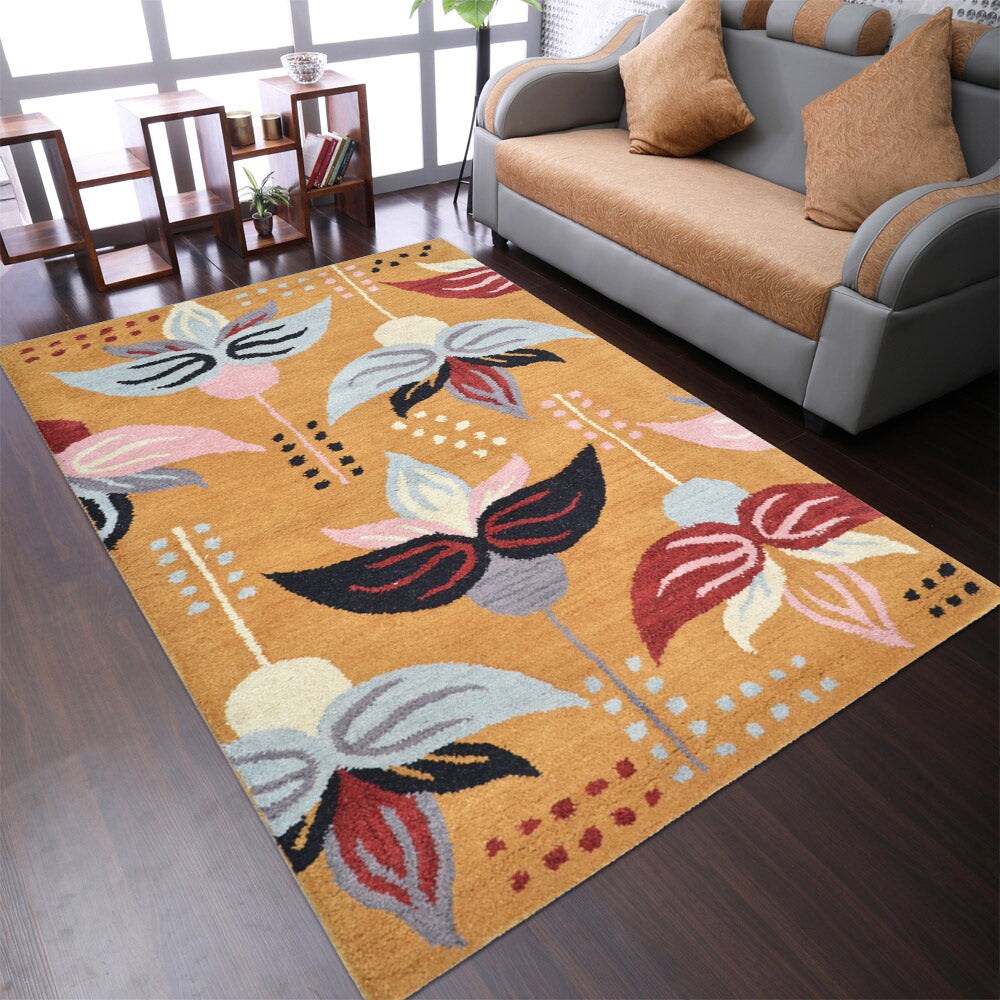 Hand Tufted Wool Area Rug Gold Floral High Pile K00669 Eco-Friendly 5X8 ...