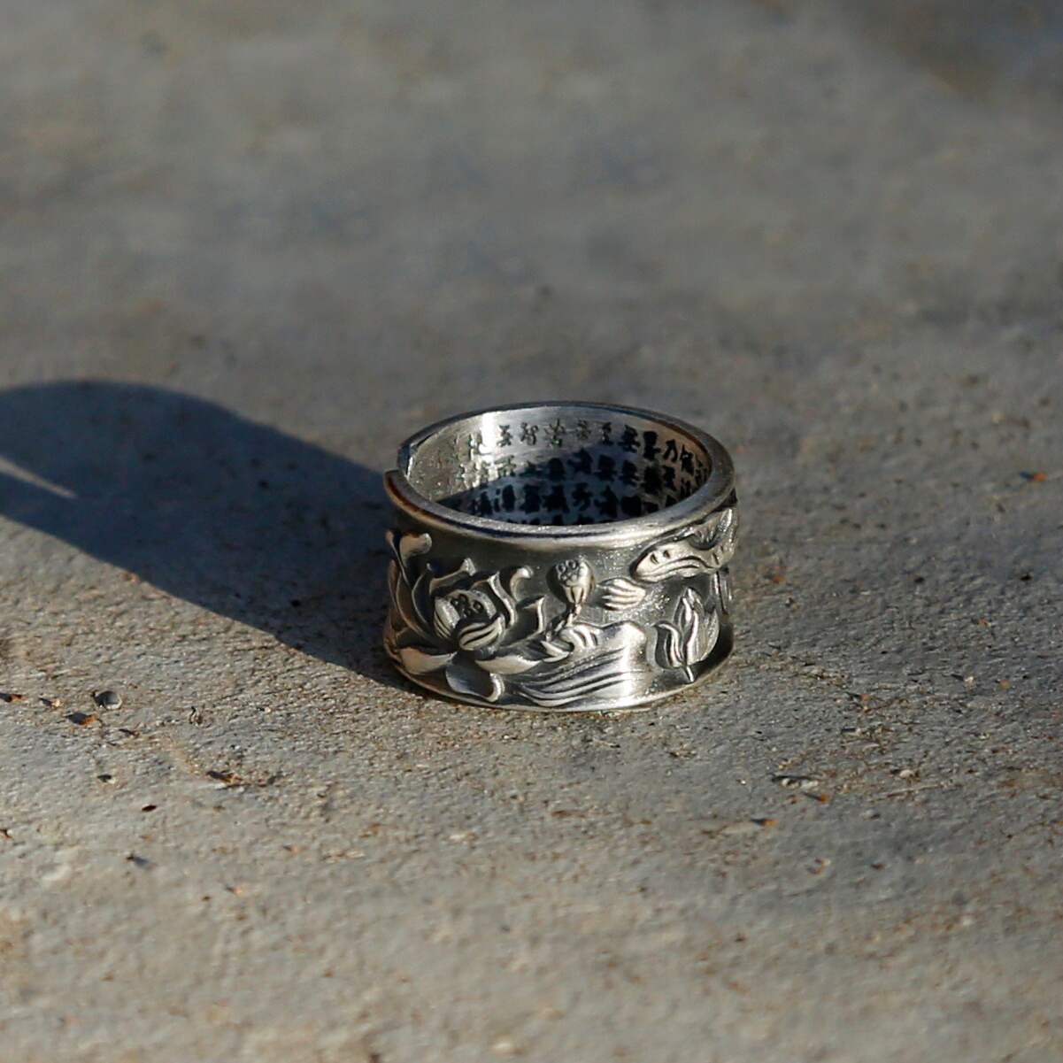 Vintage Style Embossed Lotus Sutra Adjustable Silver Ring, Mens Ring ...
