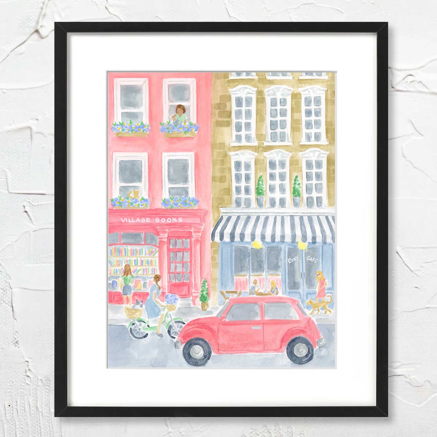 City Scene Watercolor Art Print with Bookstore and Cafe | MakerPlace by ...