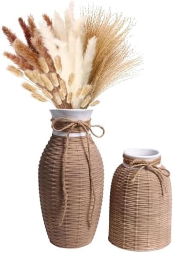 Spring Vase,Rustic Farmhouse Rattan Ceramic Vases for Pampas Grass ...