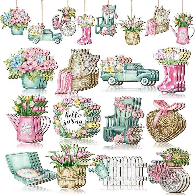 36 Pcs Spring Ornaments for Tree Wooden Flower Ornaments Daisy Tulip ...