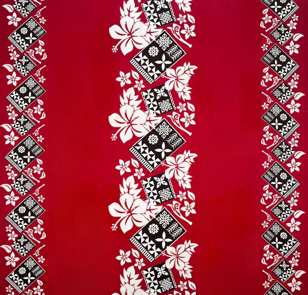1 Yard Hibiscus Tropical Leaves & Traditional Tapa Double Border Fabric ...