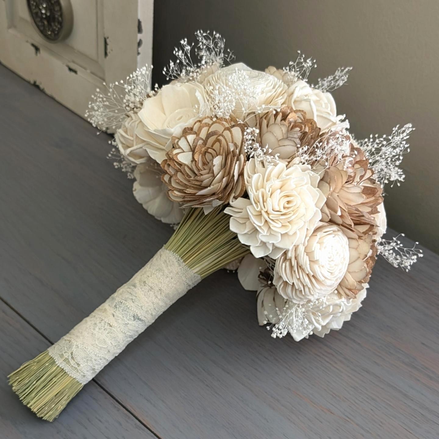 Ivory and Natural Sola Wood Flower Bouquet with Baby's Breath - Rustic ...