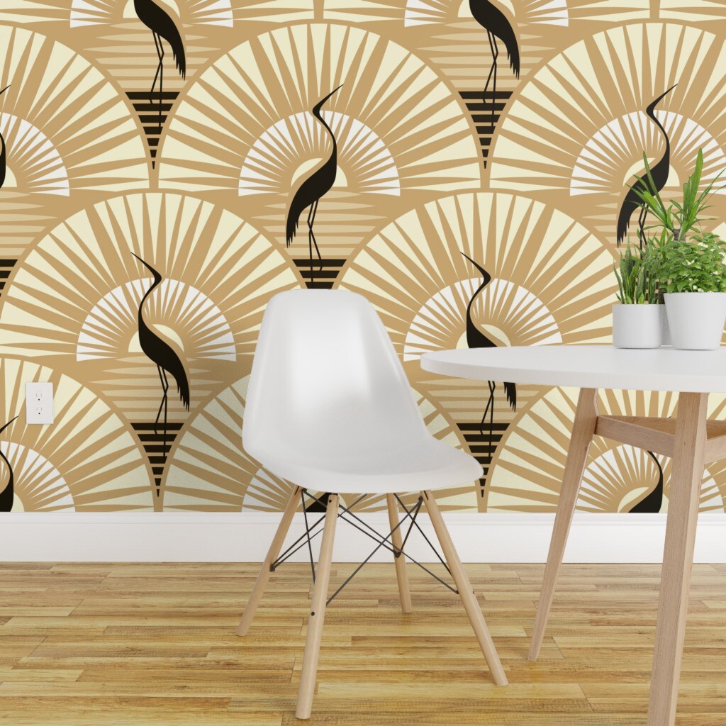 Peel & Stick Wallpaper 2FT Wide Geometric Cranes Bold Art Deco Beige ...