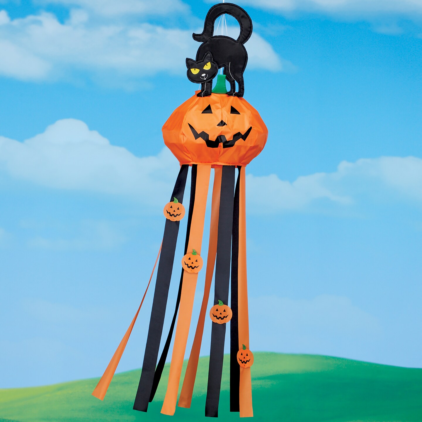 Collections Etc Halloween Pumpkin Cat Windsock with Streamers, Color ...