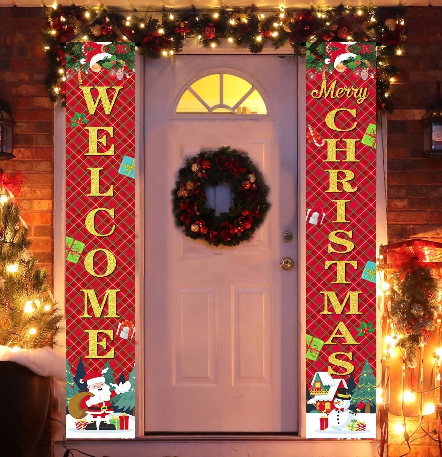 Merry Christmas Hanging Banner Buffalo Plaid Flags - 71"L x 13"W (Red ...