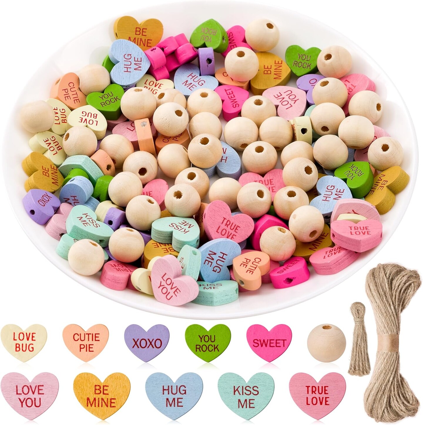 Valentine's Day Wooden Beads - 121Pcs Colorful Conversation Heart Beads ...