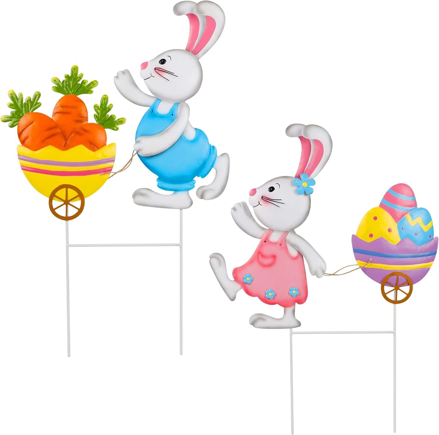 2 Pack Easter Garden Stakes, Metal Easter Bunny with Egg Basket and ...