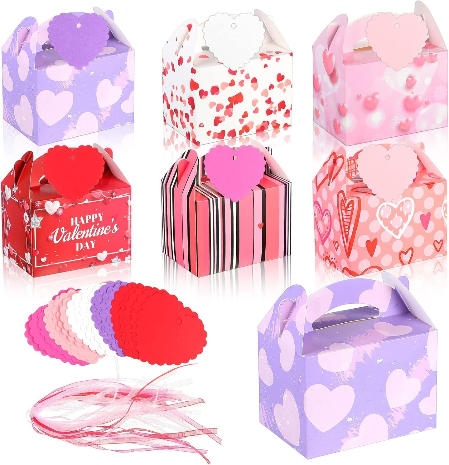 Sets of 30 Valentine's Day Treat Boxes with Heart Tags and Ribbons ...