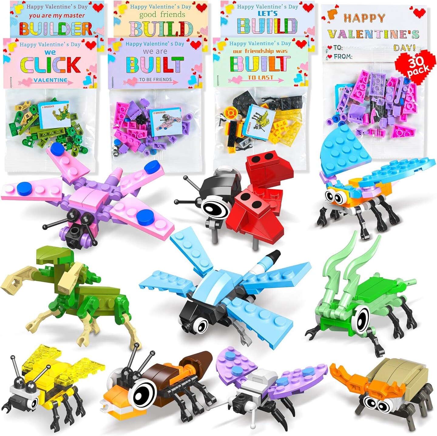 30 Pcs Valentines Day Gifts for Kids classroom-valentines insect blocks ...