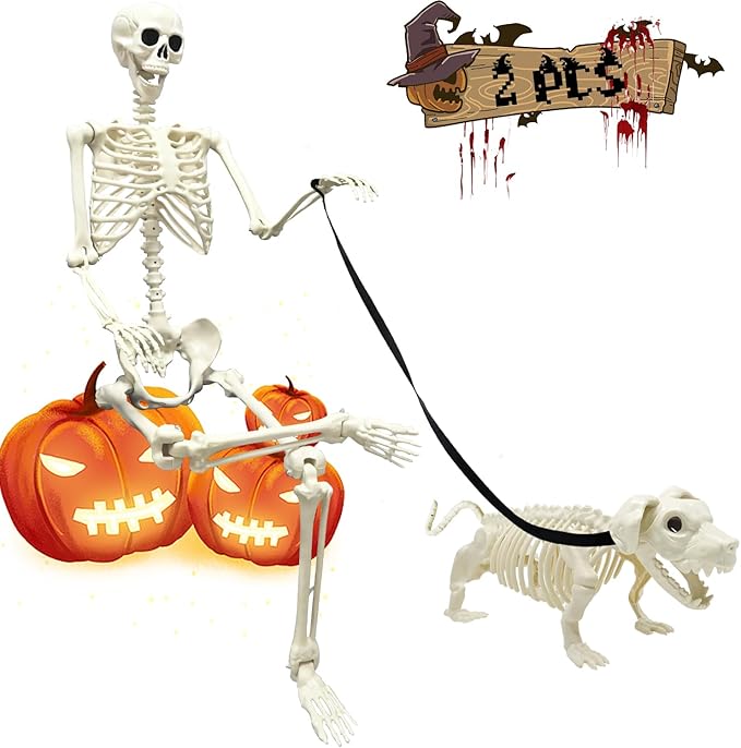5.4Ft Posable Halloween Skeleton, Full Body Life Size Skeleton with Dog ...