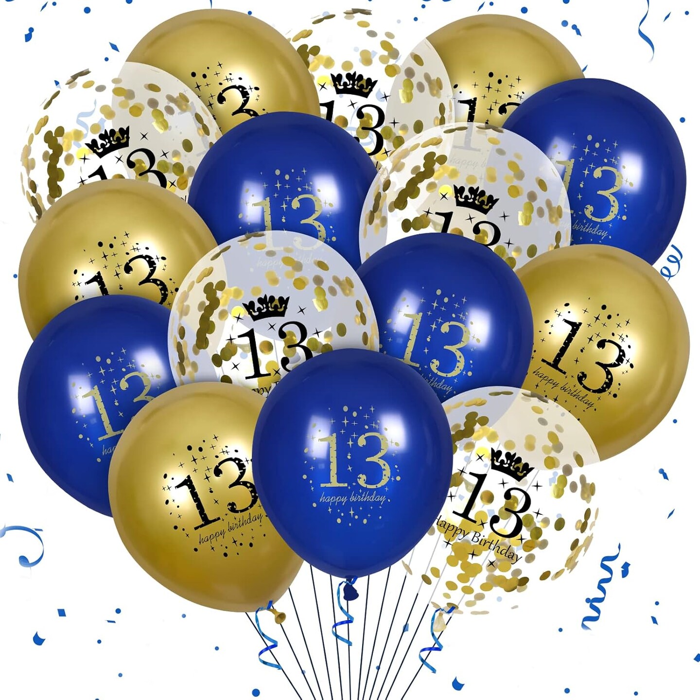 Navy Blue and Gold 13th Birthday Balloons - 15pcs Happy 13th Birthday ...