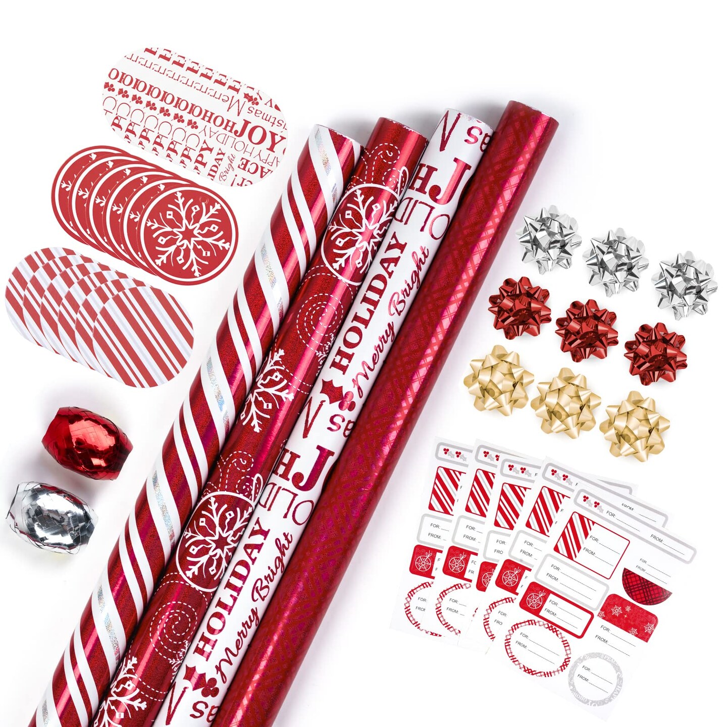 Christmas Wrapping Paper Set - Red and White Metallic Foil Shine ...