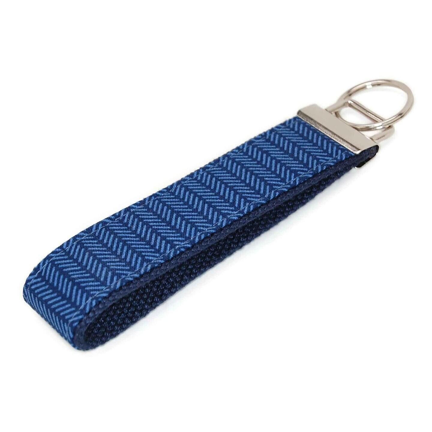 Blue Herringbone Keychain - Fabric Key Fob Wristlet | MakerPlace by ...
