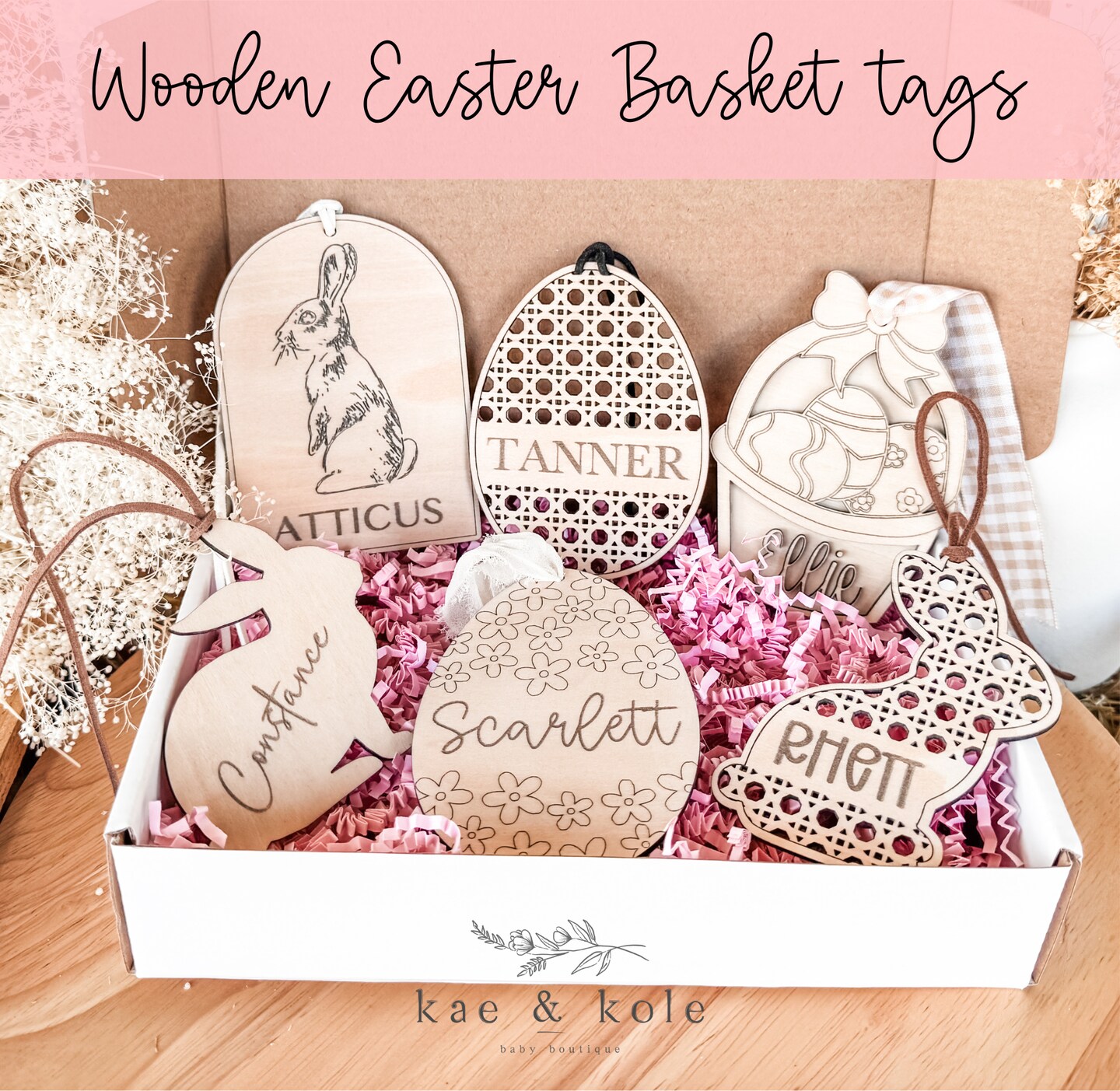 Custom Wooden Easter Tags | Basket Decor | Rattan Design Bunny Egg ...