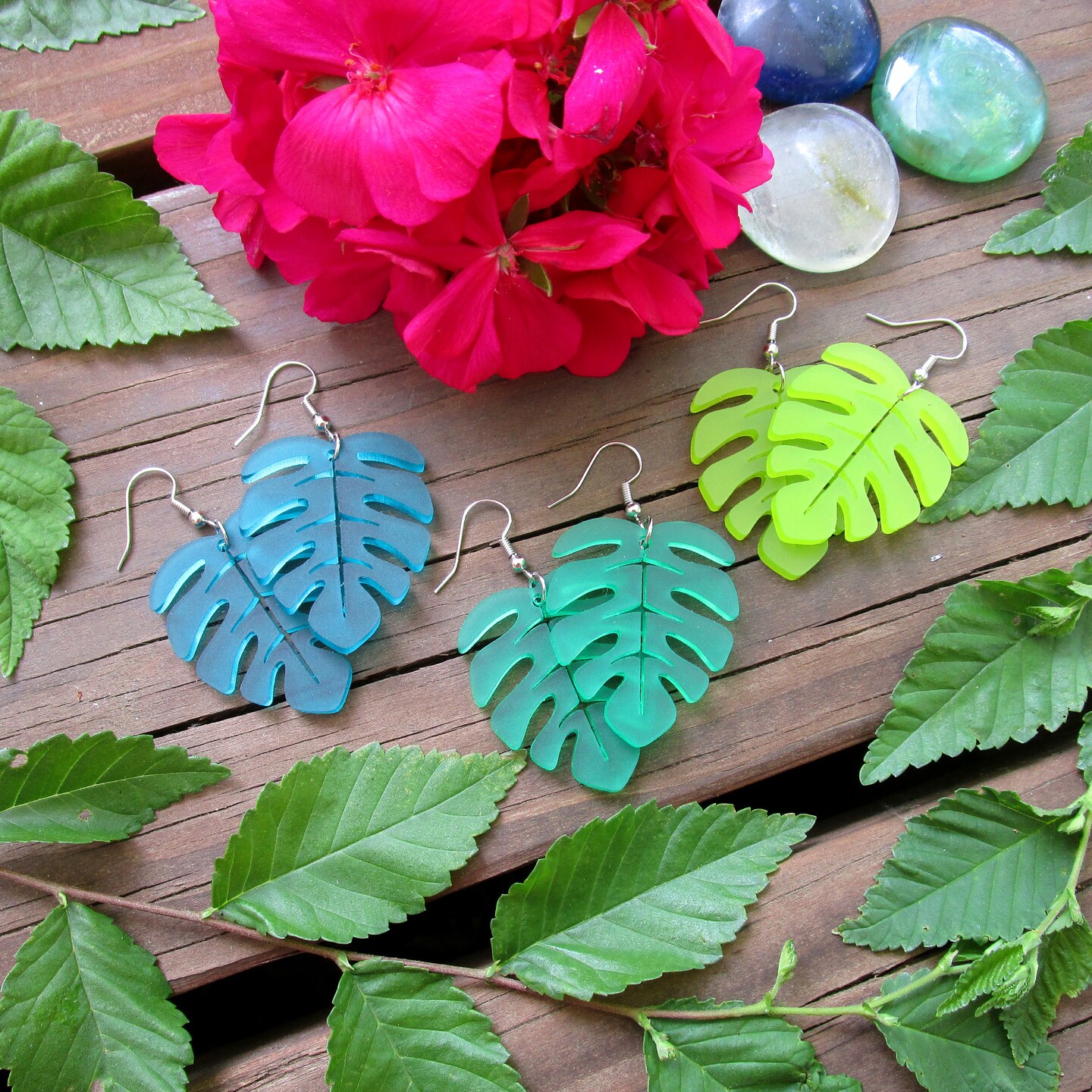 Big Tropical Monstera Leaf Dangle Earrings, Teal Green Chartreuse ...