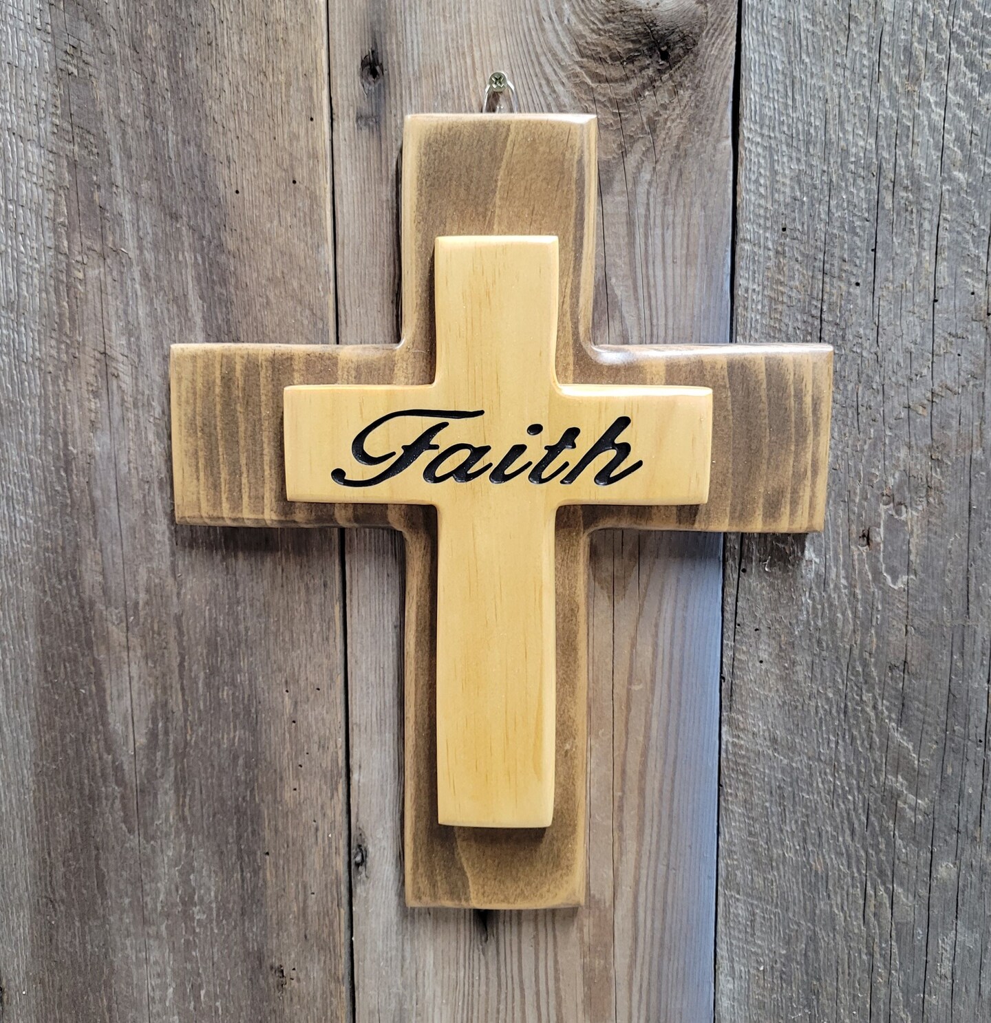 Double Layered, Rustic Wooden Cross, with Hand Carved Faith, Religious ...