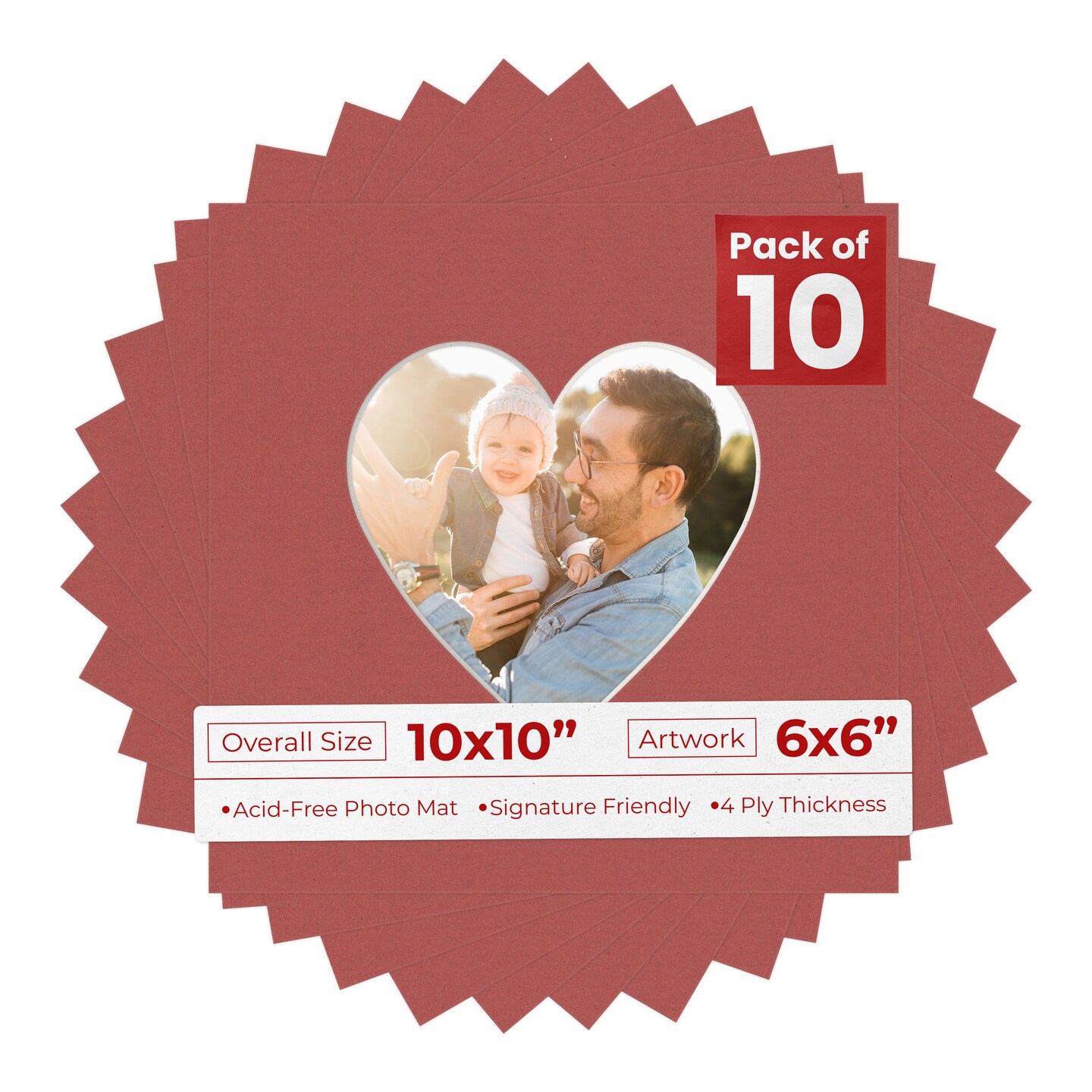 Brick Red Mat Board for 10x10 Frames - Heart Opening for 6x6 Photos ...