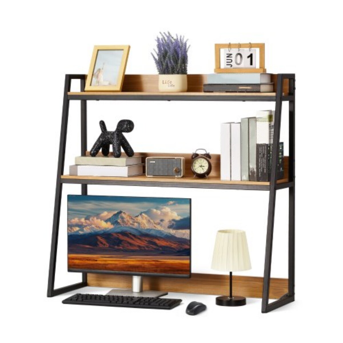 2-Tier Desktop Bookshelf Wood Storage Organizer Office Desk Rack with ...