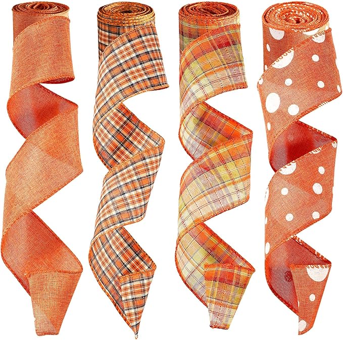 4 rolls of Fall Plaid Burlap Ribbon Thanksgiving Wired Edge Ribbon ...