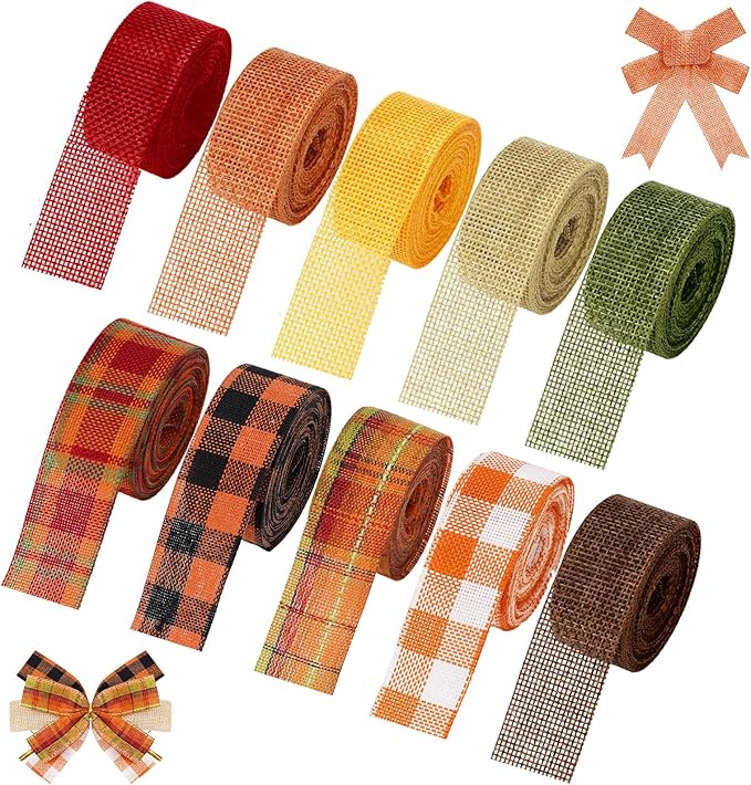 10 Rolls 50 Yards Plaid Burlap Ribbon Rolls 1 Inch Fall Wrapping Ribbon ...