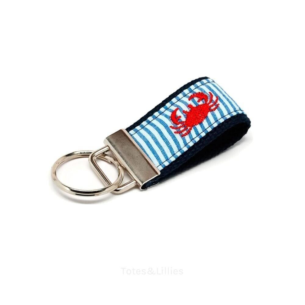 Preppy Embroidered Crab on Blue Seersucker Mini Key fob - Keychain ...