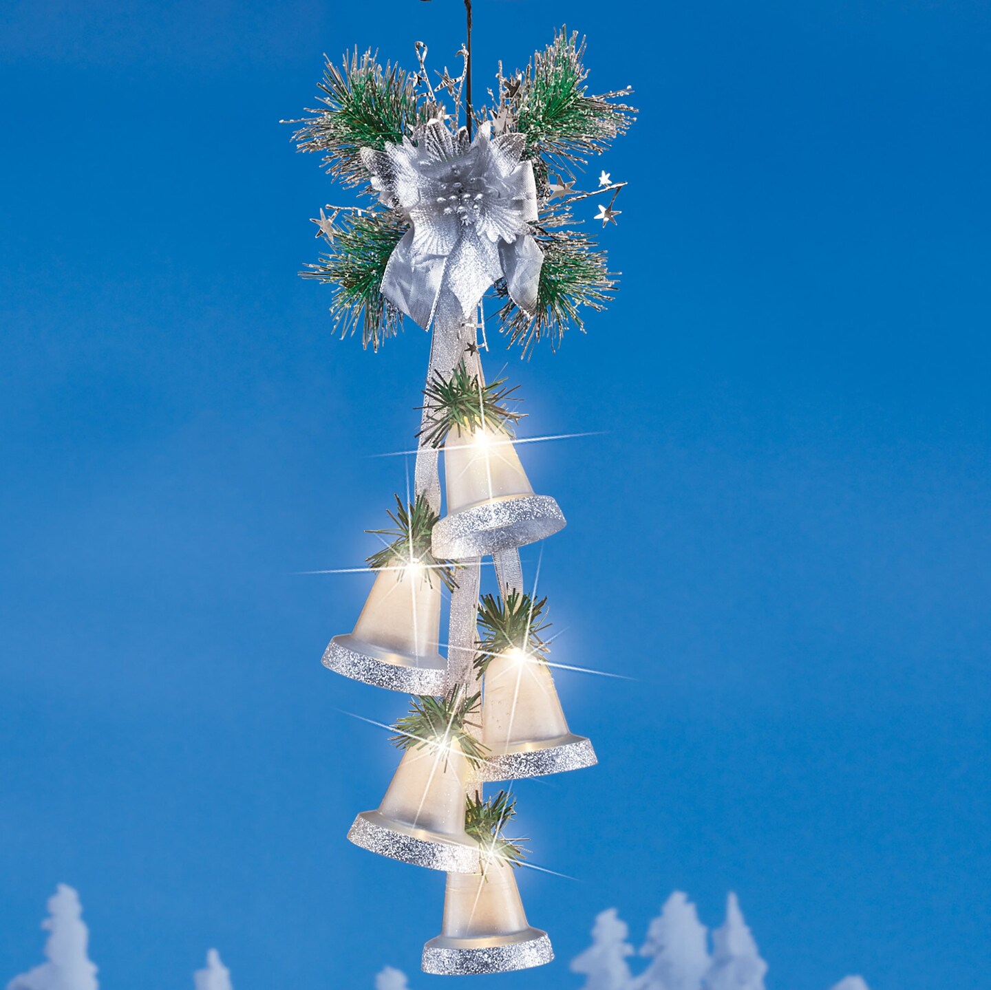 Collections Etc Solar Lighted Christmas Bells Hanging Outdoor Mobile ...
