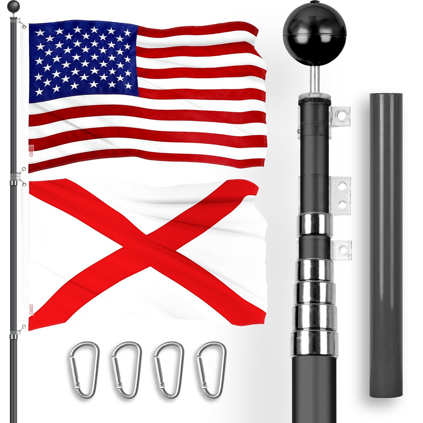 G128 Combo Pack: 25 Ft Telescoping Aluminum Flagpole (Black) & American ...