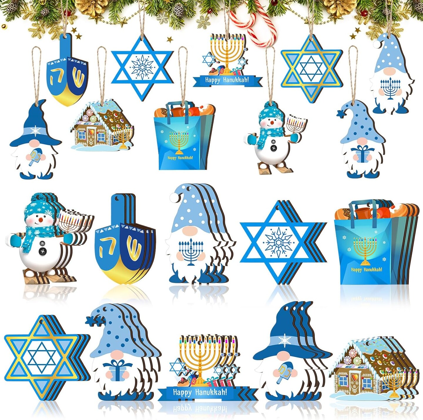 30 Pieces Hanukkah Gnomes Ornaments Wooden Chanukah Menorah Hanging ...