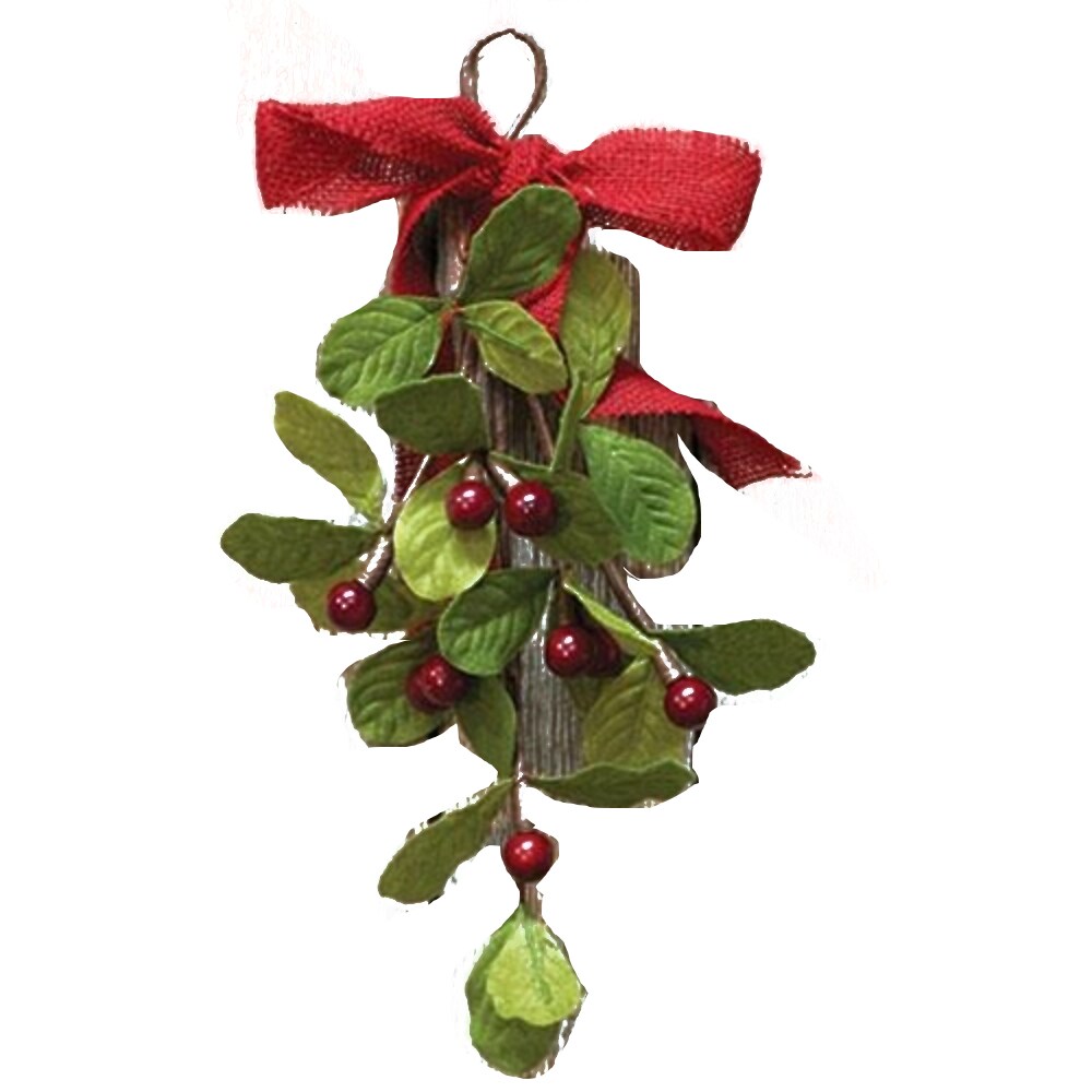 Burgundy Green Mistletoe Berry Teardrop with Red Burlap Bow, 12-Inch ...