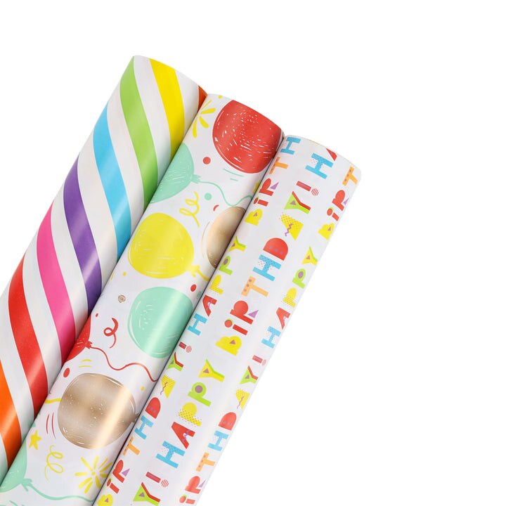 LaRibbons Birthday Wrapping Paper Bundle (3-pack), Happy Birthday ...