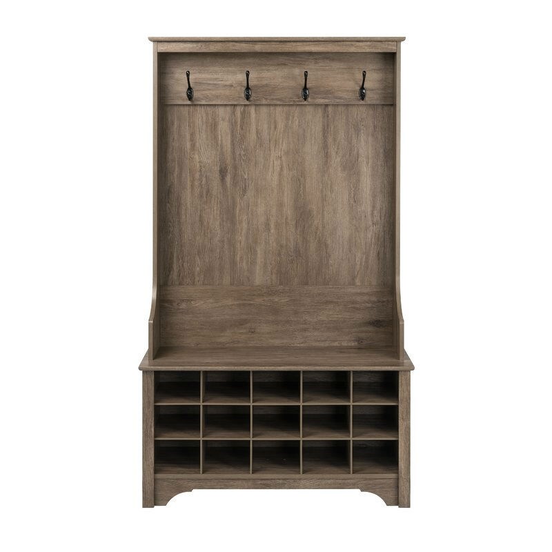 15 Cubbies Wooden Hall Tree with Shoe Storage Bench and Coat Hooks for ...